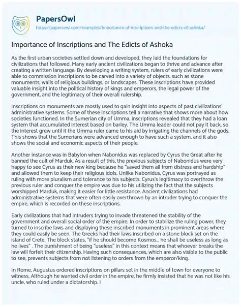 Importance Of Inscriptions And The Edicts Of Ashoka Free Essay Example 708 Words
