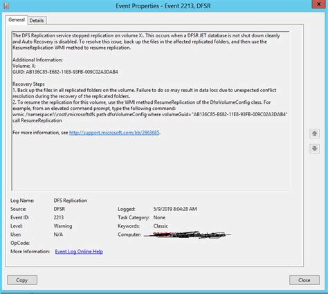 DFS Replication Service Stopped Replication Event 2213