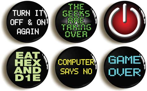 Set Of Six Computer Nerd Geek Badges Buttons Pins It Crowd Game Over