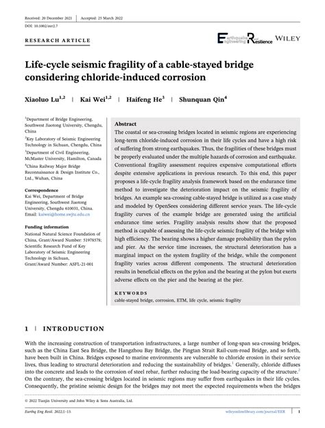 Pdf Life‐cycle Seismic Fragility Of A Cable‐stayed Bridge Considering Chloride‐induced Corrosion