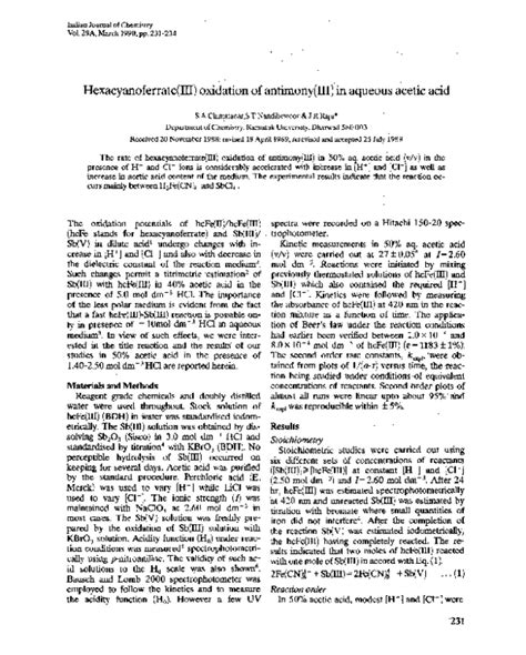 Pdf Hexacyanoferrate Iii Oxidation Of Antimony Iii In Aqueous Acetic Acid
