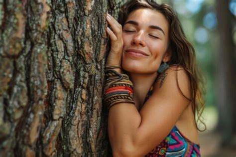 Young Smiling Hippie Woman Hugging A Tree In Nature Premium Ai