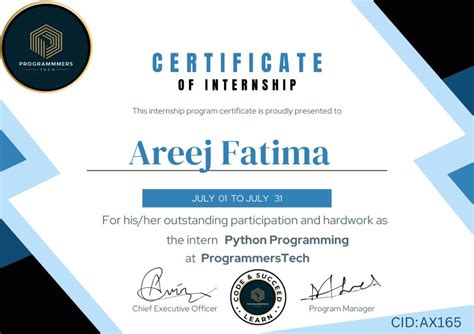 Areej Fatima On Linkedin Python Internship Certificate