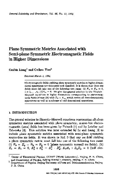 Pdf Plane Symmetric Metrics Associated With Semi Plane Symmetric Electromagnetic Fields In