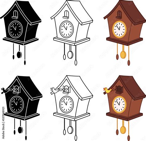 Cuckoo Clock With Cuckoo Bird Clipart Set Outline Silhouette And Color