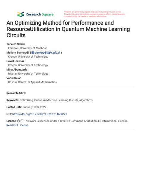 Pdf An Optimizing Method For Performance And Resource Utilization In Quantum Machine Learning