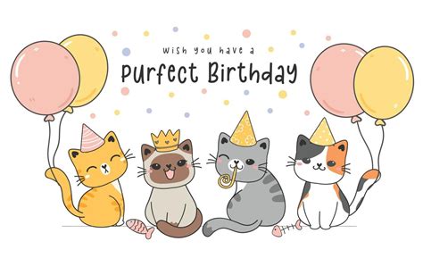 Grupo De Quatro Gatinhos Fofos De Feliz Aniversário