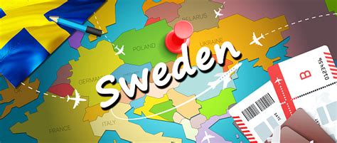 비행기 티켓 스웨덴 여행 개념 지도 배경 스웨덴 여행 및 관광 대상 개념을 방문 하십시오 스웨덴 지도에 플래그입니다 비행기와 스톡홀름 말 뫼 N에 스웨덴어 휴일에 도착 하는