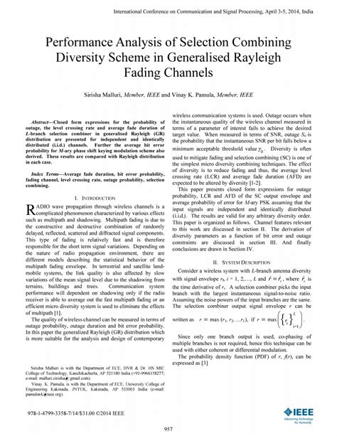 Pdf Performance Analysis Of Selection Combining Diversity Scheme In Generalised Rayleigh