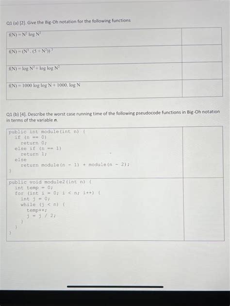 solved q1 a [2] give the big oh notation for the
