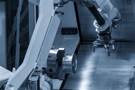 The Automatic Robotic Arm Gripping The Metal Parts From CNC Lathe Machine Stock Photo Image Of