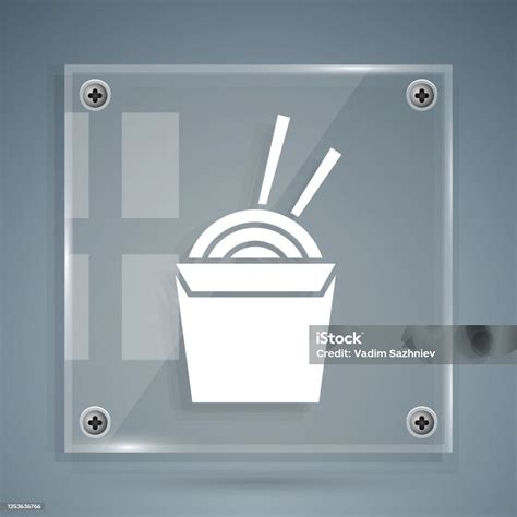 종이 상자에 흰색 아시아 국수와 회색 배경에 고립 된 젓가락 아이콘 길거리 패스트푸드 한국어 일본어 중국 음식 정사각형 유리 패널 벡터 일러스트레이션 0명에 대한 스톡 벡터