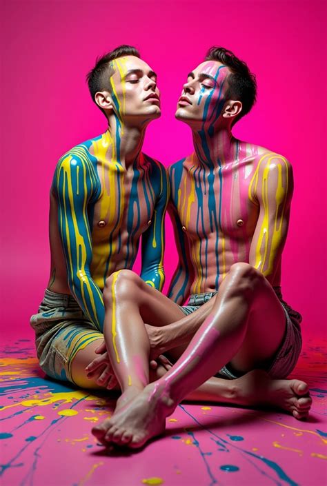 Full Body Portrait Of Two Androgynous Men Seated On The Floor Seaart Ai