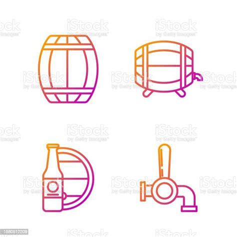 세트 라인 맥주 탭 맥주 병 및 나무 통 나무 통 및 나무 배럴을 스톱 콕이있는 랙에 놓습니다 그라데이션 색상 아이콘입니다 벡터 럼 독한 술에 대한 스톡 벡터 아트 및 기타