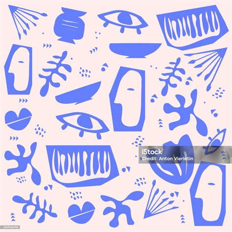 유행 벡터 일러스트 레이 션입니다 파스텔 핑크 배경에 대한 현대 손으로 그린 바이올렛 다양한 모양과 꽃 물체의 집합입니다 그려진 낙서 아트 스타일입니다 개체 그룹에 대한