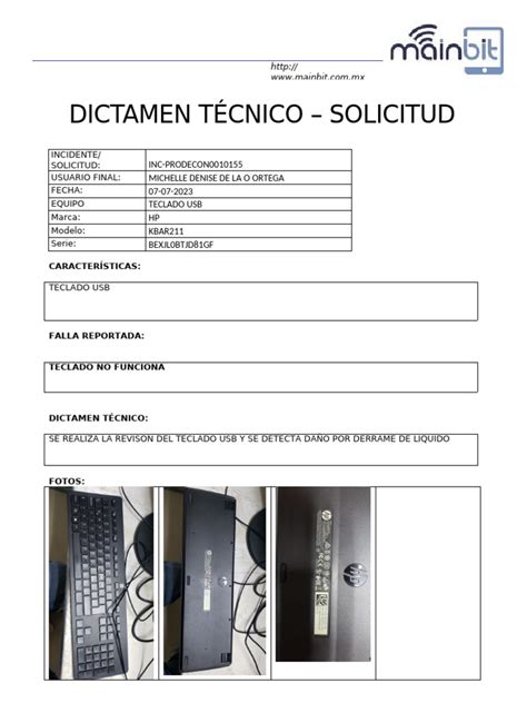 Dictamen Técnico Teclado Usb Dañado Pdf