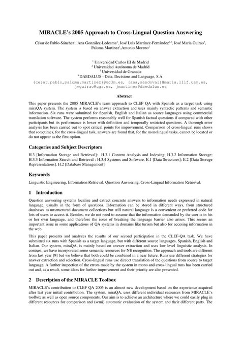 Pdf Miracles 2005 Approach To Cross Lingual Question Answering