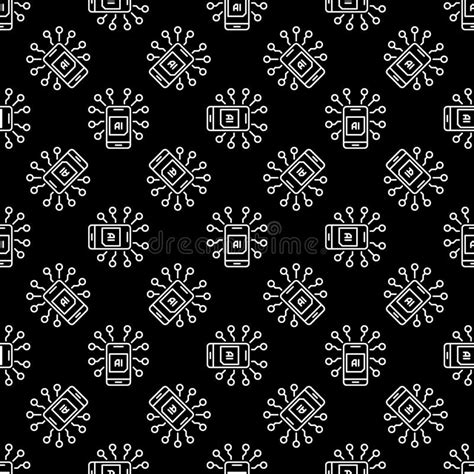 Artificial Intelligence Smart Phone Vector Ai Phone Dark Seamless Pattern In Outline Style Stock