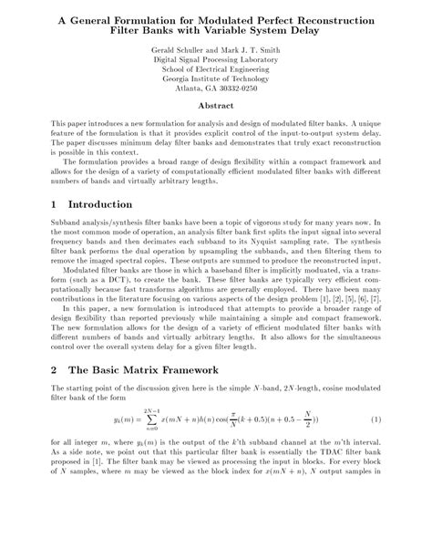 Pdf A General Formulation For Modulated Perfect Reconstruction Filter Banks With Variable