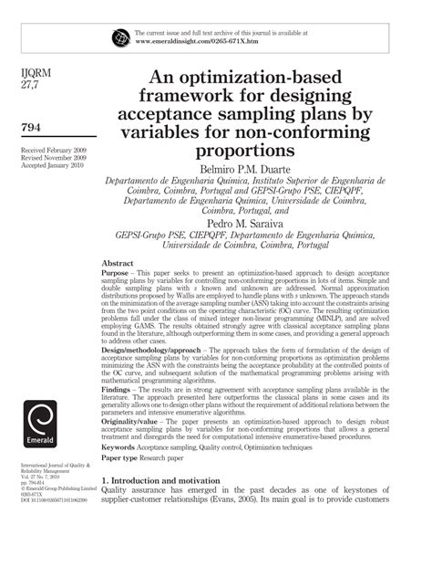 Pdf An Optimization Based Framework For Designing Acceptance Sampling Plans By Variables For