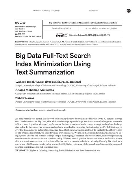 Pdf Big Data Full Text Search Index Minimization Using Text Summarization