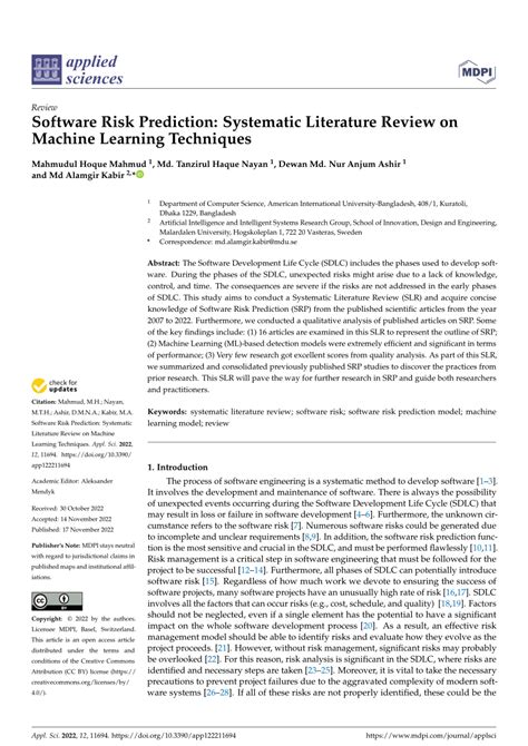 Pdf Software Risk Prediction Systematic Literature Review On Machine Learning Techniques