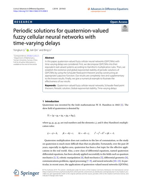 Pdf Periodic Solutions For Quaternion Valued Fuzzy Cellular Neural