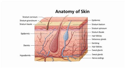 Anatomy Of Human Skin Cross Section Showing Epidermis Dermis Hypodermis Hair Follicles