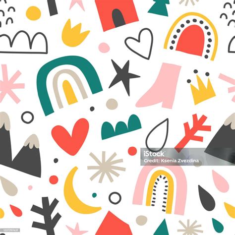 무지개 손으로 그린 추상적 인 모양 아이 룸 이나 섬유 인쇄 침실 스칸디 아기 낙서 원활한 벡터 배경에 대 한 북유럽 아기 패턴