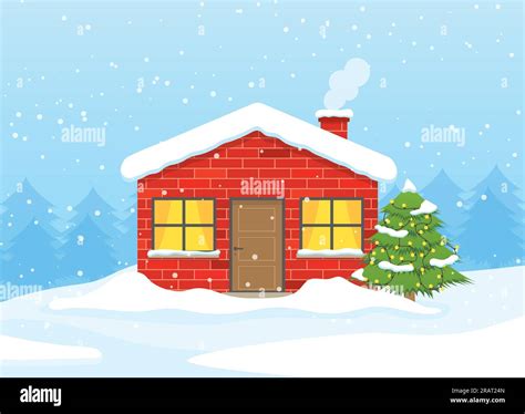 Winter Christmas Scenery With Brick House And Christmas Tree Covered