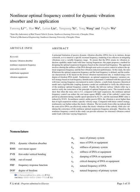 Pdf Nonlinear Optimal Frequency Control For Dynamic Vibration Absorber And Its Application