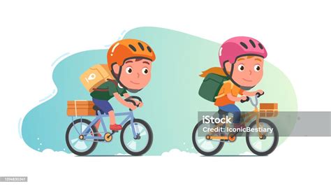 택배 소년 자전거로 주문을 배달 하는 소녀 자전거 골판지 상자 상품이있는 배낭을 들고 자전거를 타는 배달원 배달 운송 서비스 플랫 벡터 일러스트레이션 두발자전거에 대한 스톡