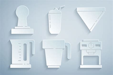 커피 컵 종이 필터 전기 주전자 기계 밀크 쉐이크 및 변조 아이콘을 설정합니다 벡터 3차원 형태에 대한 스톡 벡터 아트 및 기타 이미지 Istock