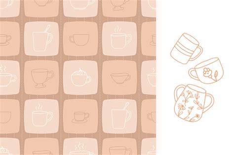 귀여운 라인 컵 낙서 완벽 한 패턴 클립 아트 커피와 차 머그잔으로 손으로 그린 질감 홈 커피 애호가를 위한 현대적인 프린트