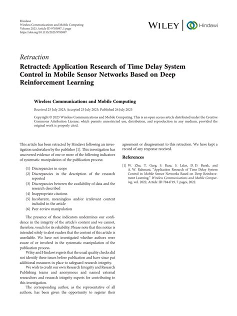 pdf retracted application research of time delay system control in mobile sensor networks