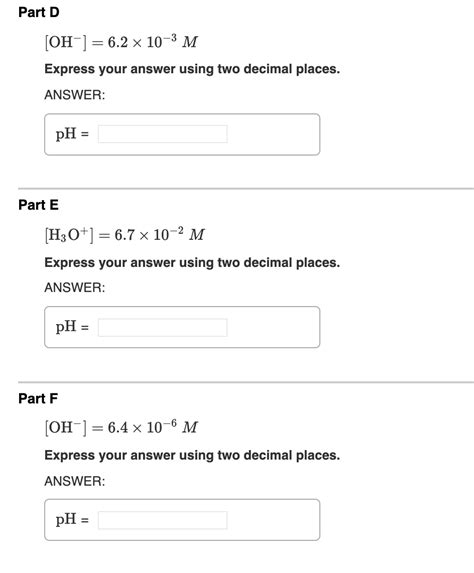 solved calculate the ph of each solution given the