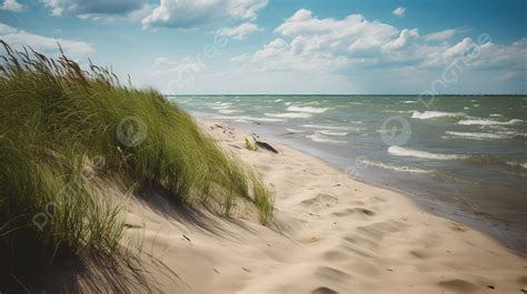 شاطئ رملي محاط بالعشب صورة بحيرة ميشيغان صورة الخلفية للتحميل مجانا