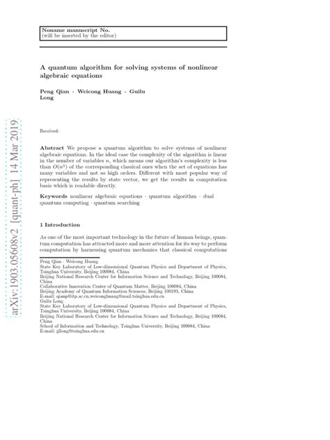 A Quantum Algorithm For Solving Systems Of Nonlinear Algebraic Equations Pdf Quantum