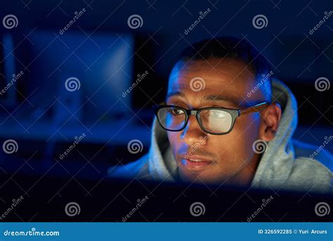 Night Black Man Or Hacker Reading On Laptop For Cybercrime Malware Or Phishing For Stealing