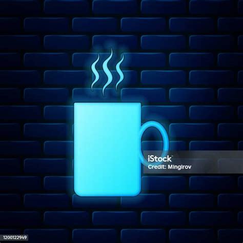 빛나는 네온 커피 컵 평면 아이콘 벽돌 벽 배경에 격리 차 컵 뜨거운 음료 커피 벡터 일러스트레이션 0명에 대한 스톡 벡터 아트 및 기타 이미지 Istock