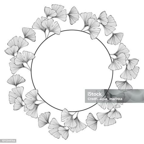 흰색 바탕에 은행나무와 꽃 라운드 프레임 텍스트에 대 한 장소를 가진 벡터 일러스트입니다 인사말 카드 초대장 또는 디자인에 대 한 격리 된 요소 은행나무에 대한 스톡 벡터