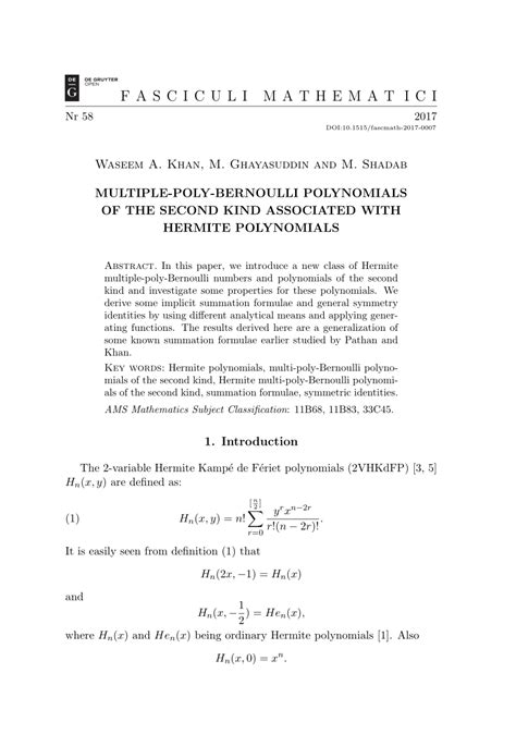 Pdf Multiple Poly Bernoulli Polynomials Of The Second Kind Associated With Hermite Polynomials