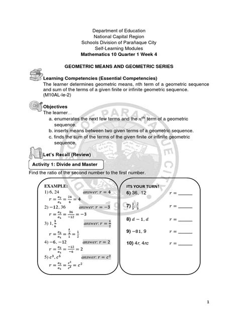 Mathematics10 Quarter1 Module4 Week4 Pdf Sequence Mean