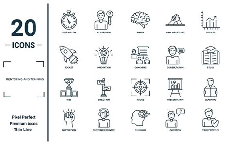멘토링 및 교육 선형 아이콘 세트 얇은 라인 스톱워치 로켓 승리 동기 부여 신뢰할 수 있는 코칭 보고서 프리젠 테이션 다이어그램 웹 디자인에 대한 학습 아이콘 포함 0명에