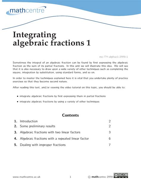 Integrating Algebraic Fractions Pdf Fraction Mathematics