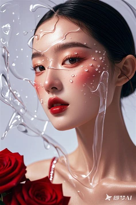 拍摄，美丽的模特，唯美意境，站在高大‘透明的玫瑰花间，高级感，面部细节完美，人物细节精致，珠全身肖像，细腻的光泽，磨砂质感，高度细节，8k，渐变半透明玻璃融化 花瓣网