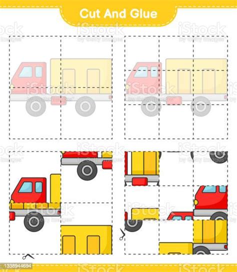 잘라 접착제 트럭의 일부를 잘라 접착제 교육 어린이 게임 인쇄 워크 시트 벡터 일러스트레이션 0명에 대한 스톡 벡터 아트 및