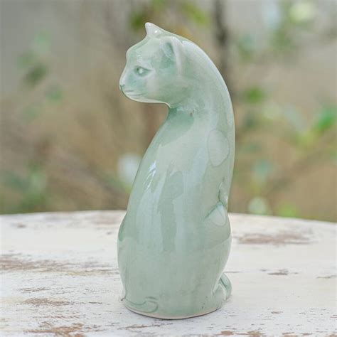 Novica Handmade Beautiful Cat Celadon Ceramic Figurine Overstock
