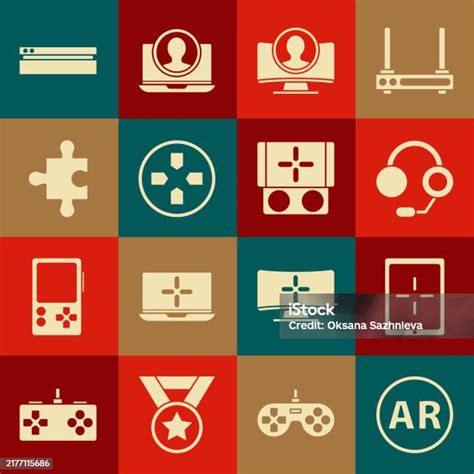 Ar 증강 현실 태블릿 헤드폰 계정 화면 만들기 게임 패드 퍼즐 조각 비디오 게임 콘솔 및 휴대용 비디오 아이콘을 설정합니다 벡터 3위에 대한 스톡 벡터 아트 및 기타