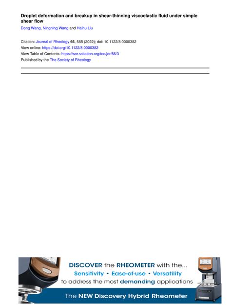 Pdf Droplet Deformation And Breakup In Shear Thinning Viscoelastic Fluid Under Simple Shear Flow